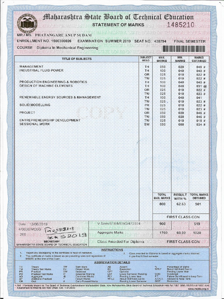 Diploma Marksheet PDF | PDF