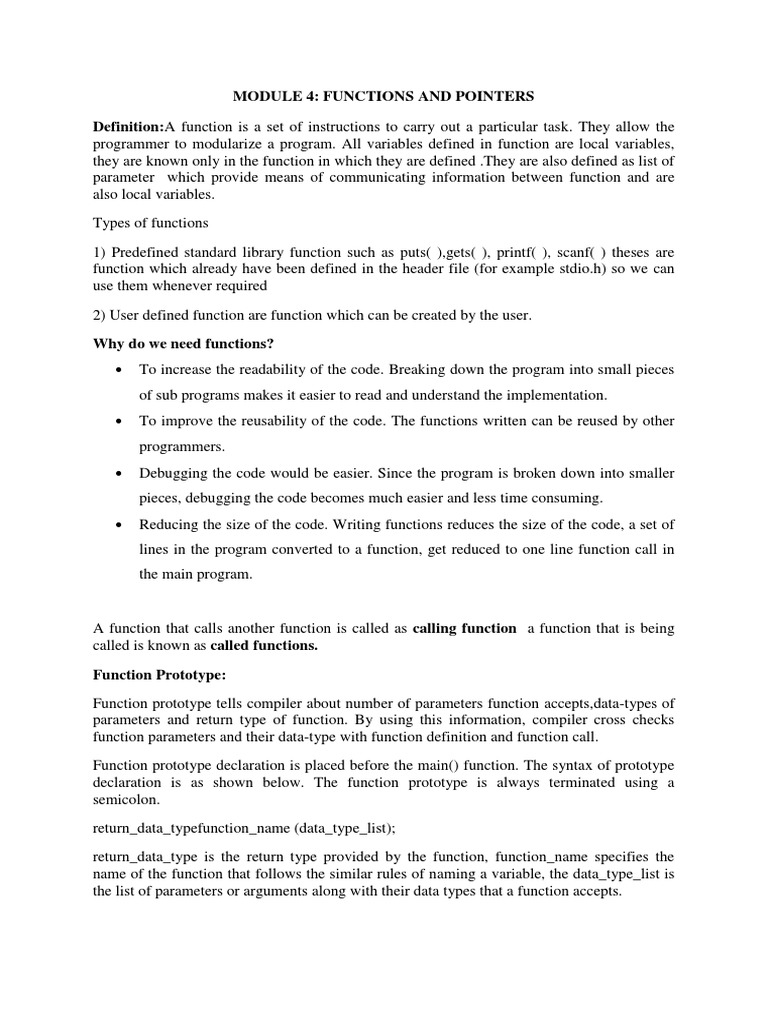 MODULE 4 Functions and Pointers | PDF | Pointer (Computer Programming) | Subroutine