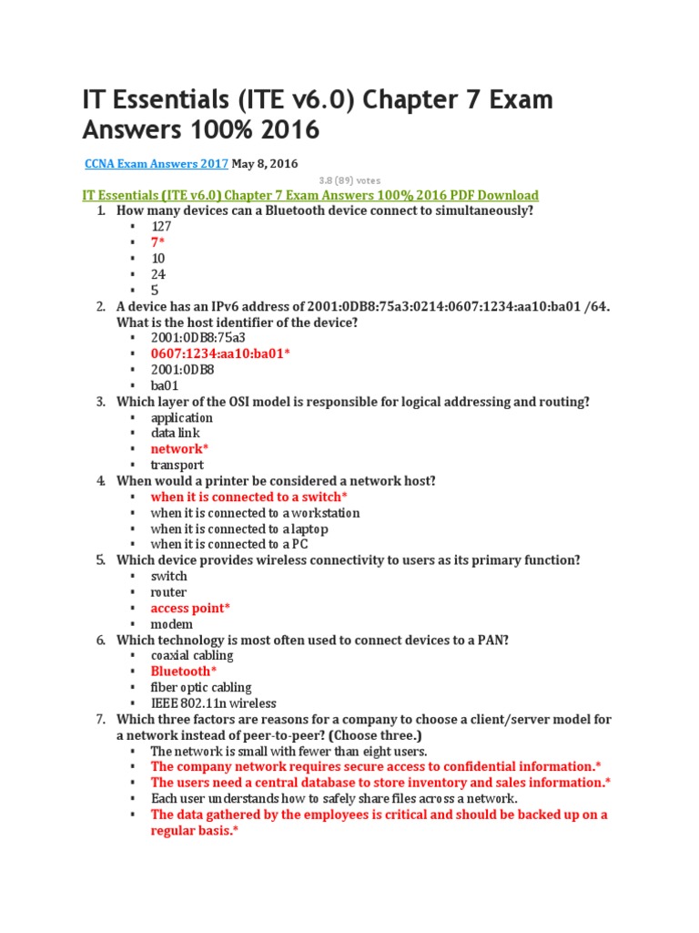 Cisco ITE Chapter 7 Exam & Answers | PDF | Osi Model | Computer Network