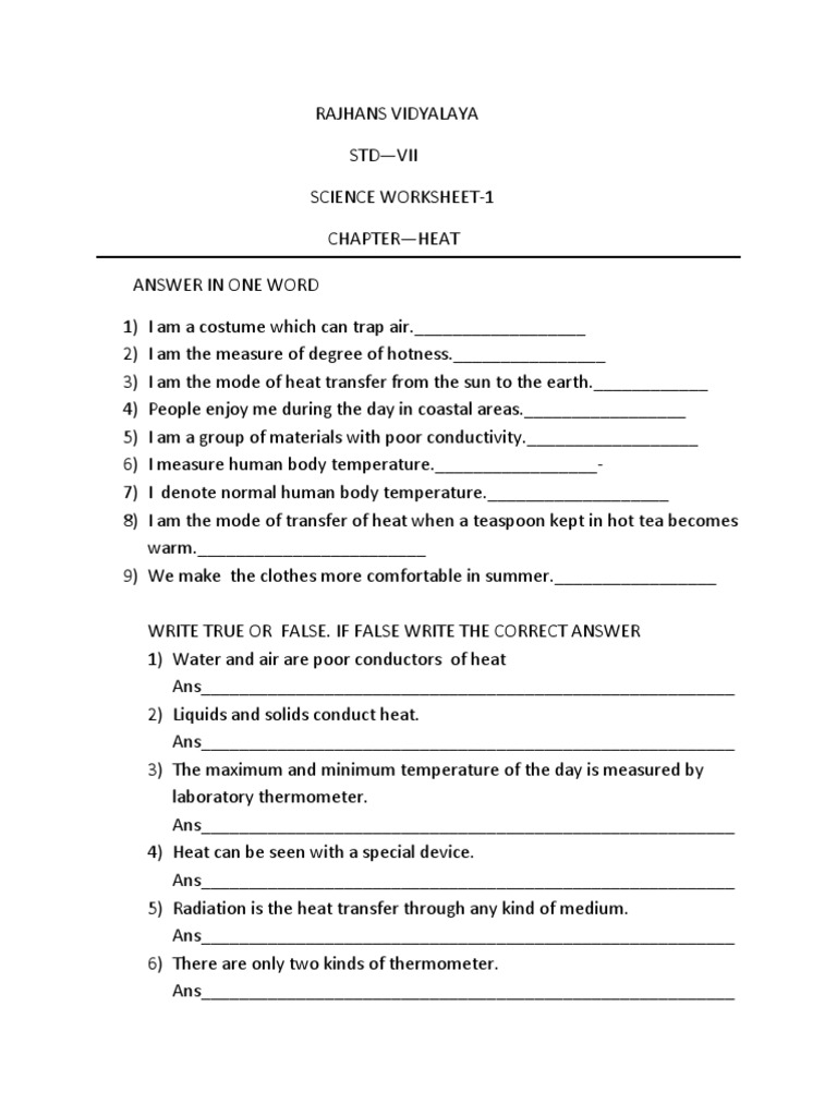 Science - Worksheet - Heat - 20170715024044 | PDF | Heat | Thermometer
