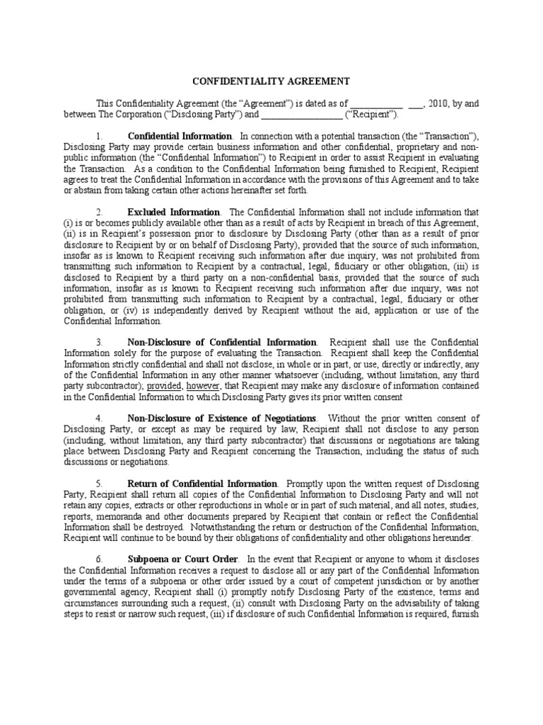 Generic NDA | PDF | Non Disclosure Agreement | Confidentiality