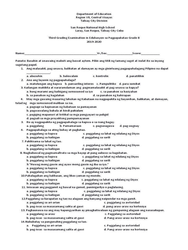 3rd Grading EsP Grade 8