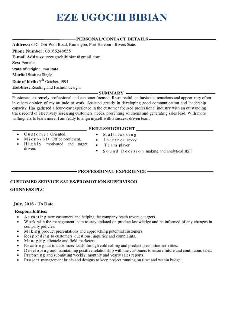 Eze Ugochi Bibian CV | PDF | Cognition | Business