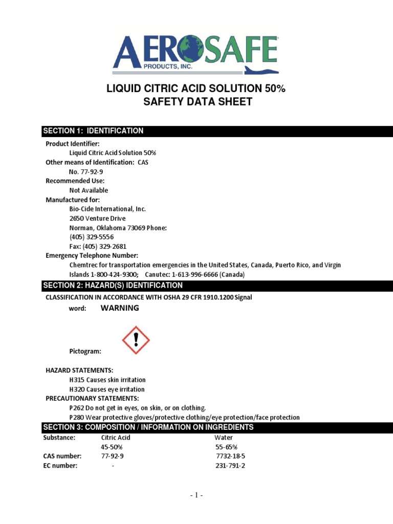 50 Liquid Citric Acid | PDF | Personal Protective Equipment | Toxicity