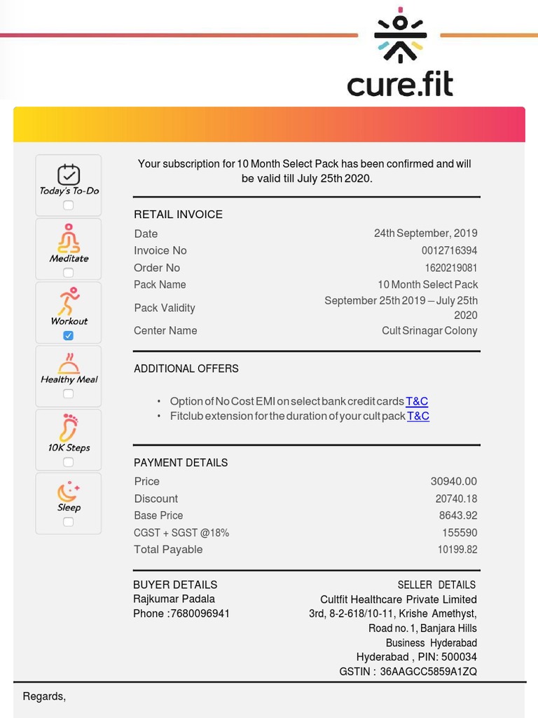 Cult Fit 10 Month Select Pack Invoice | PDF