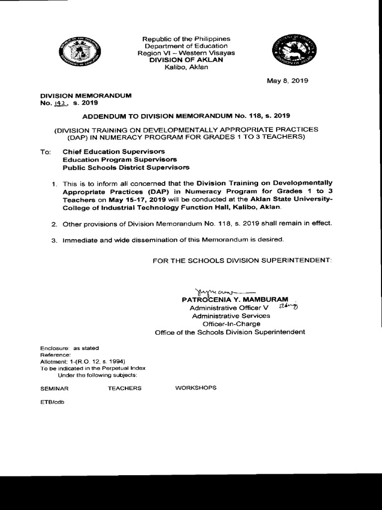 Addendum To Division Memorandum No 118 S 2019 05082019150247 | PDF