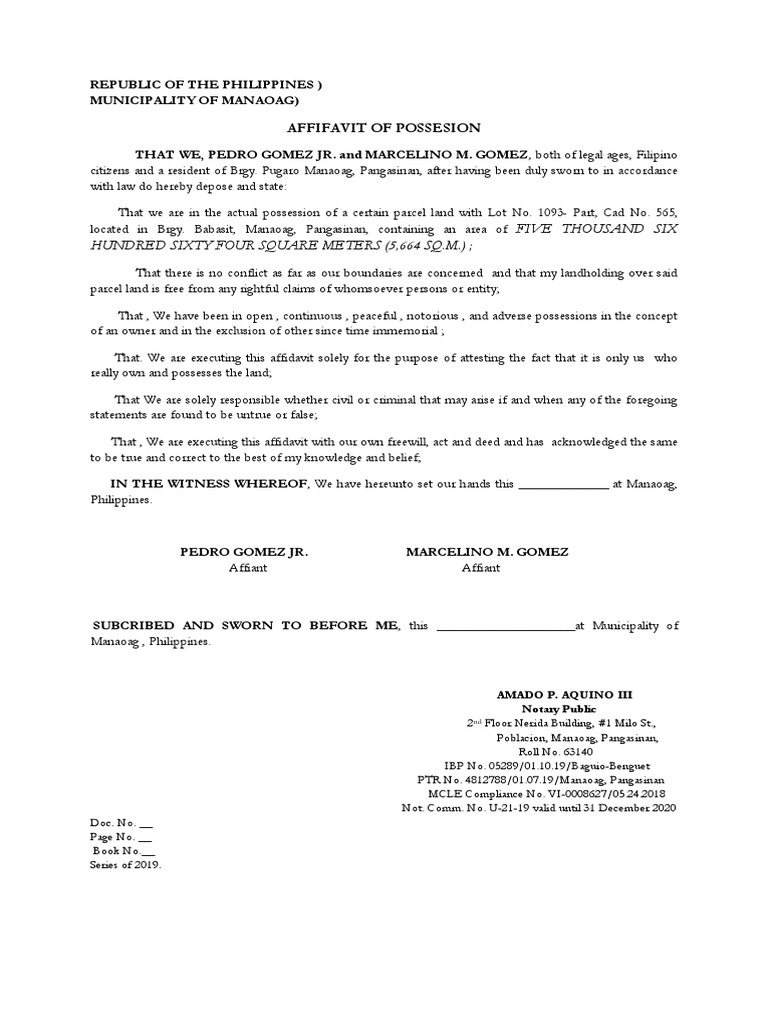 Affidavit Od Possession and Ownership - Cabanbanan | PDF | Affidavit ...