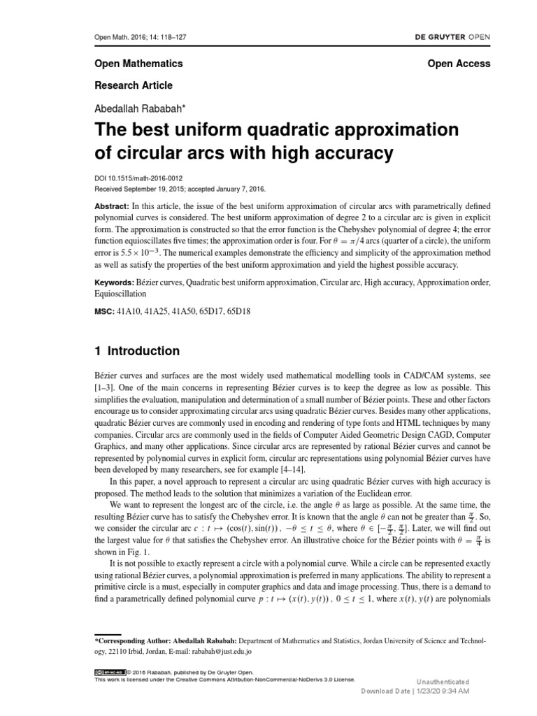 (Open Mathematics) The Best Uniform Quadratic Approximation of Circular Arcs With High Accuracy ...
