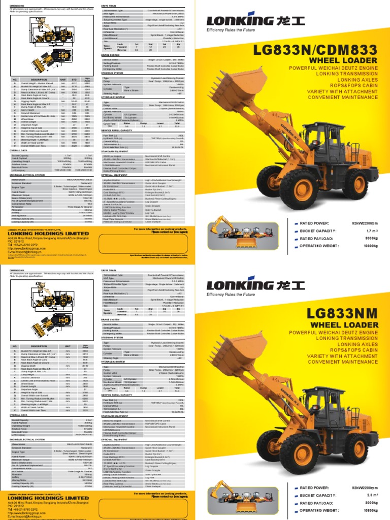 Brochure Lonking LG 833 NM PDF | PDF | Transmission (Mechanics) | Axle