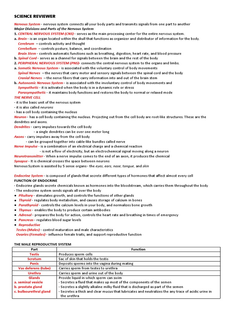 Science Reviewer Q3 G10 | PDF | Nervous System | Central Nervous System
