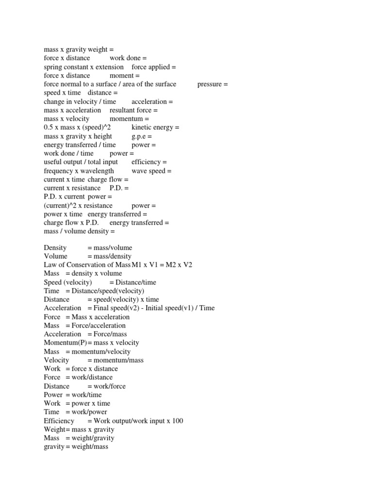Physics Formulas | PDF | Force | Mass