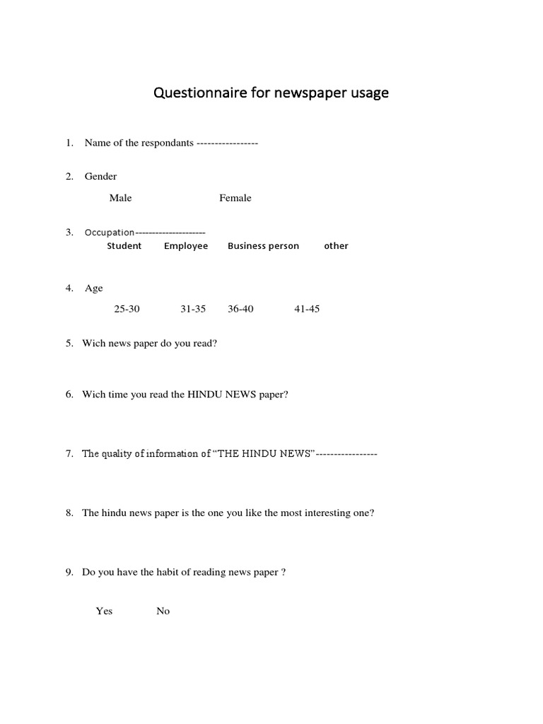 Questionnaire For Newspaper Usage | PDF
