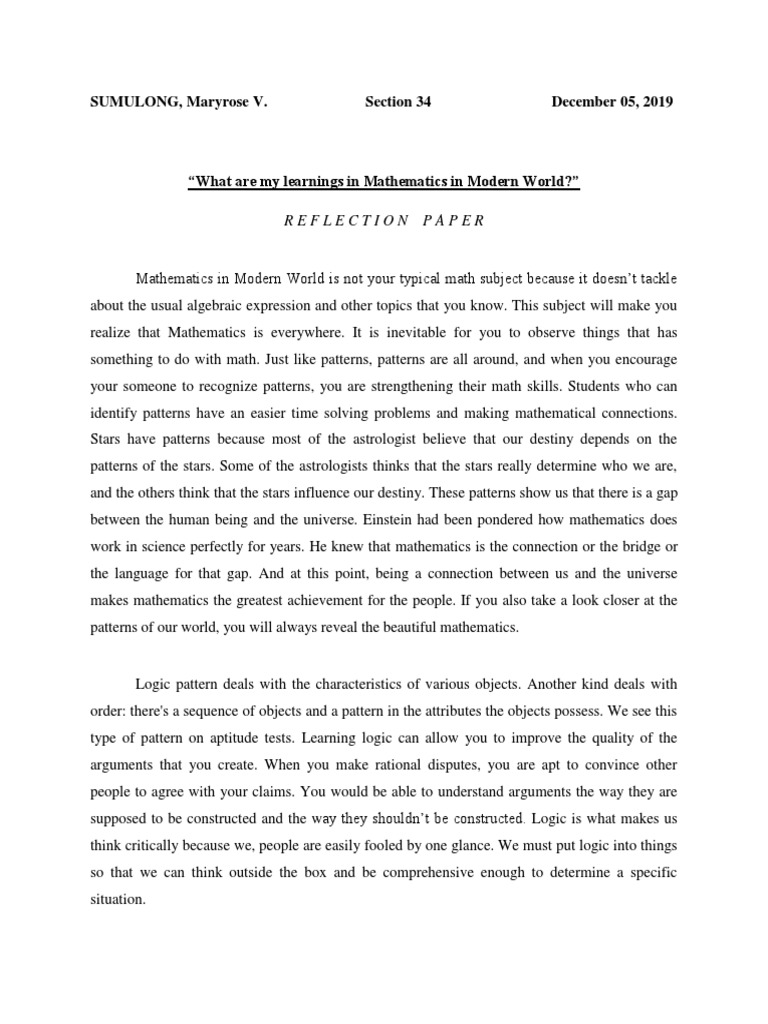 Reflection-Paper MMW FINALS | PDF | Teaching Mathematics | Logic