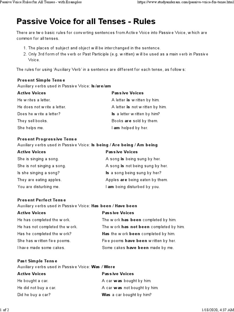 Passive Voice Rules For All Tenses - With Examples | PDF | Grammatical ...