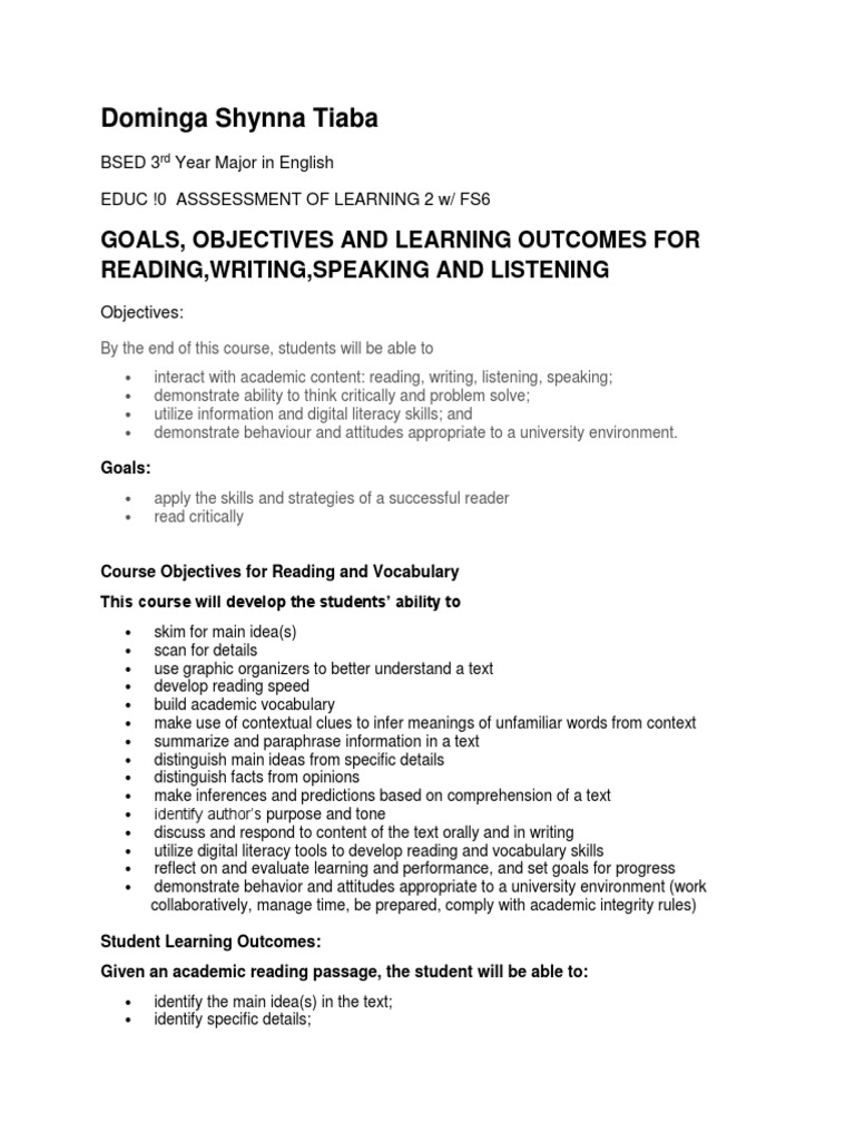 Goals, Objectives, and Learning Outcomes for Developing Fundamental ...