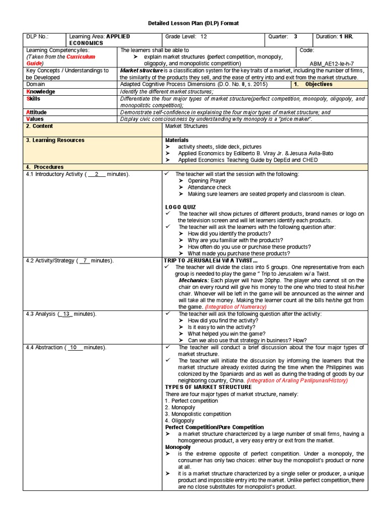 Grade 12 Economics: Market Structures Lesson Plan | PDF | Monopoly ...