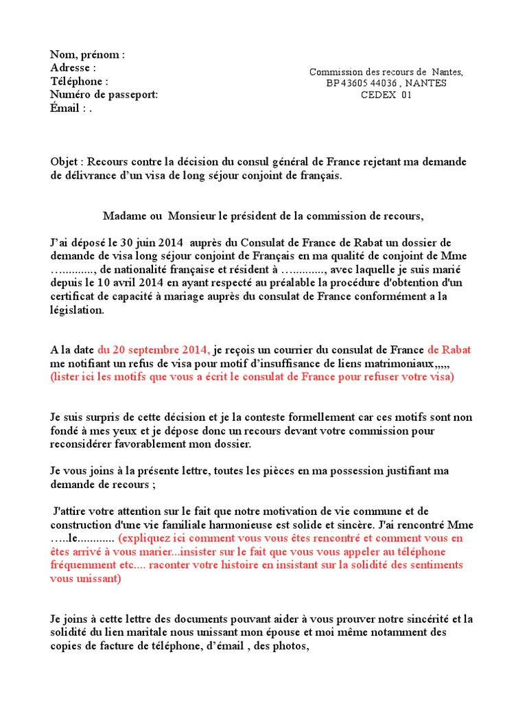 Recours pour refus de visa long séjour | PDF | Visa (Document) | Consul