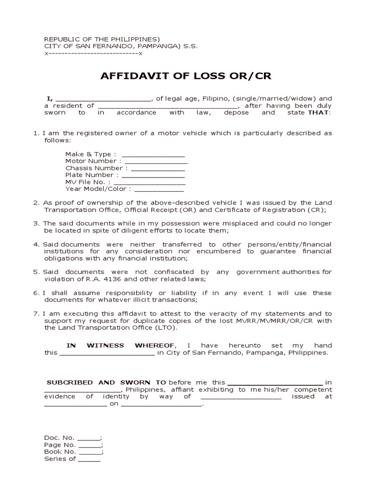 Affidavit of Loss ORCR Vehicle - Template | PDF