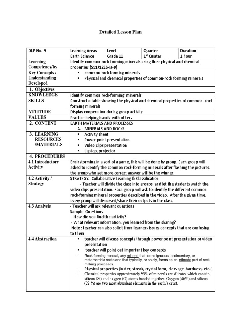 Detailed Lesson Plan - MINERALS AND ROCKS | PDF | Minerals | Rock (Geology)