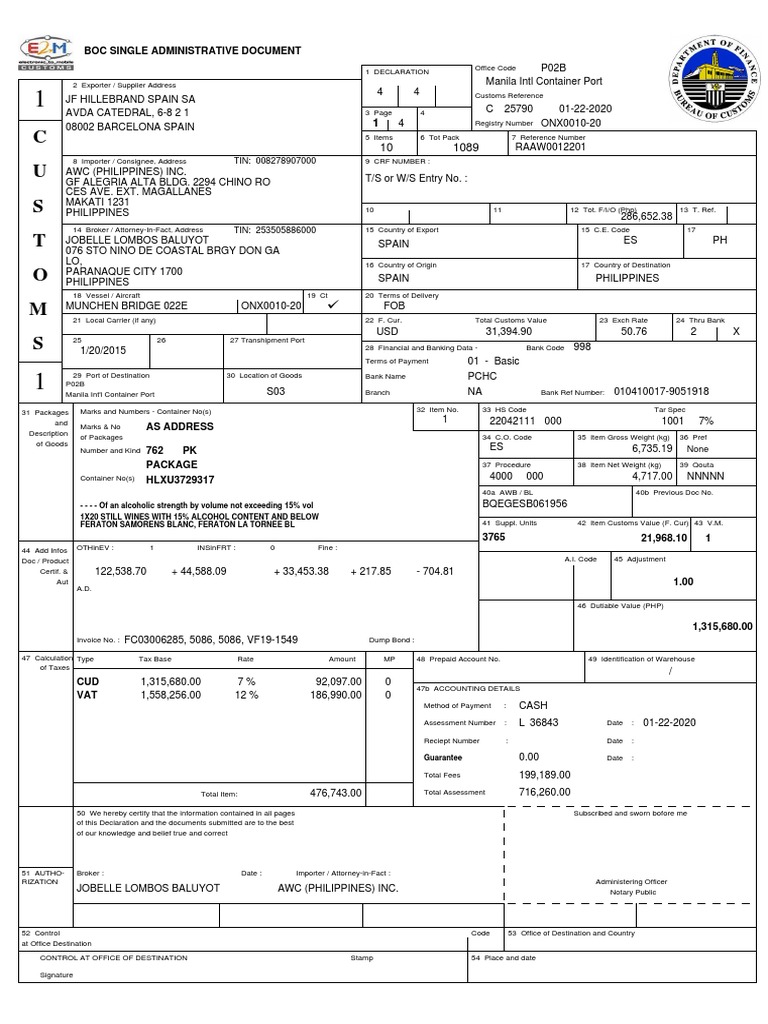 BOC SINGLE ADMINISTRATIVE DOCUMENT | PDF | Ad Valorem Tax | Value Added Tax