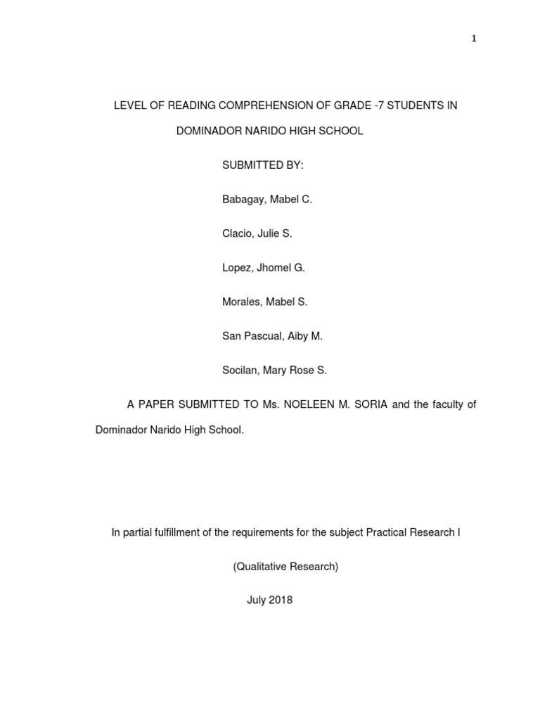 Research I LEVEL OF REAING COMPREHENSION OF GRADE 7 | PDF | Reading ...