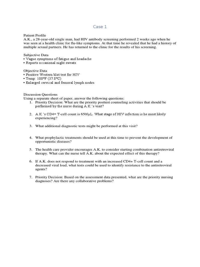 HIV Case Study: Priority Nursing Diagnoses and Care | PDF | Management ...