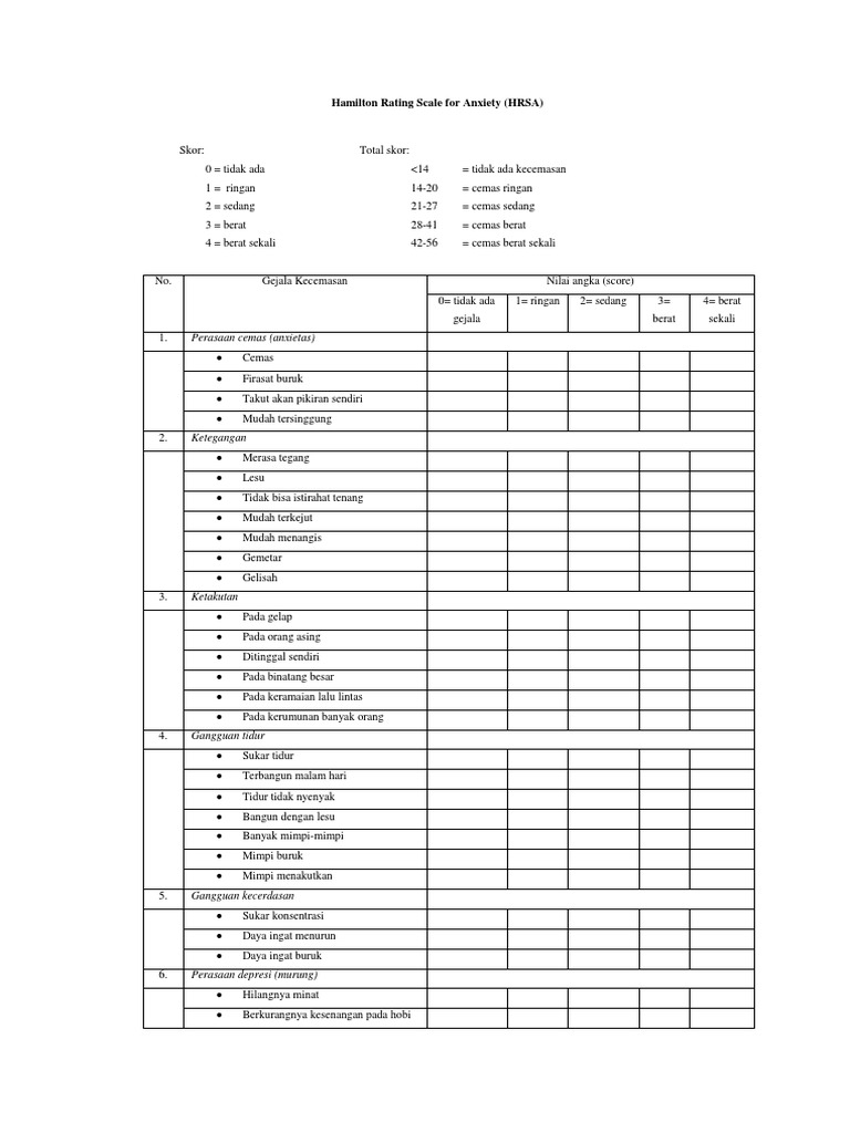 Hamilton Rating Scale For Anxiety | PDF