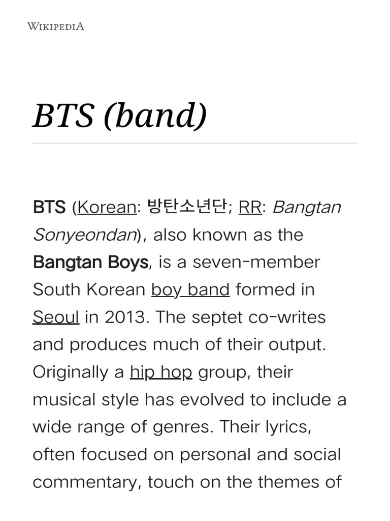 BTS (Band) - Wikipedia PDF | PDF | Entertainment | Entertainment (General)