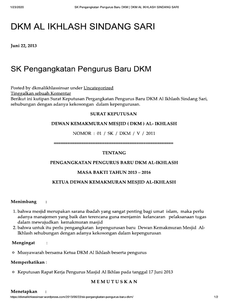 SK Pengangkatan Pengurus Baru DKM - DKM AL IKHLASH SINDANG SARI PDF | PDF