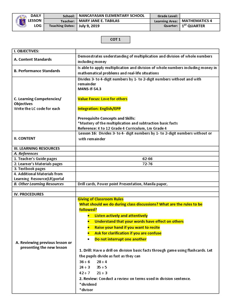 1st COT MATH 4 | PDF | Division (Mathematics) | Teachers
