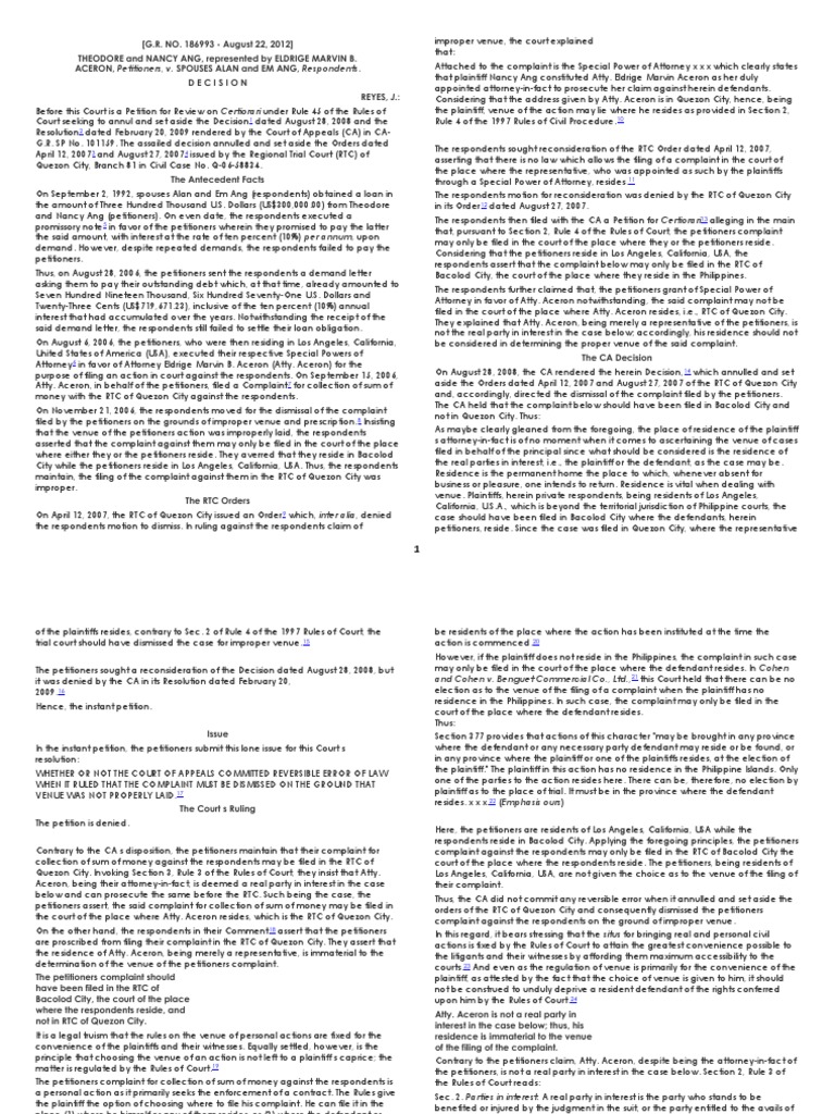 Aceron vs. Ang, GR No. 186993, August 22, 2012 | PDF | Complaint | Lawsuit