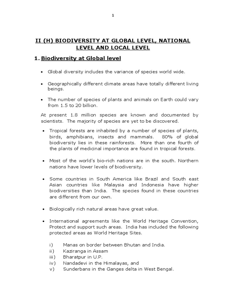 15) Unit II - II (H) Biodiversity at Global Level, National Level and ...