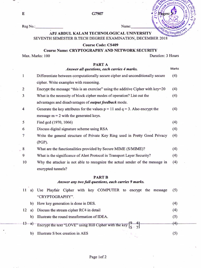 CS409 Cryptography and Network Security, December 2018 PDF | PDF | Cryptography | Encryption