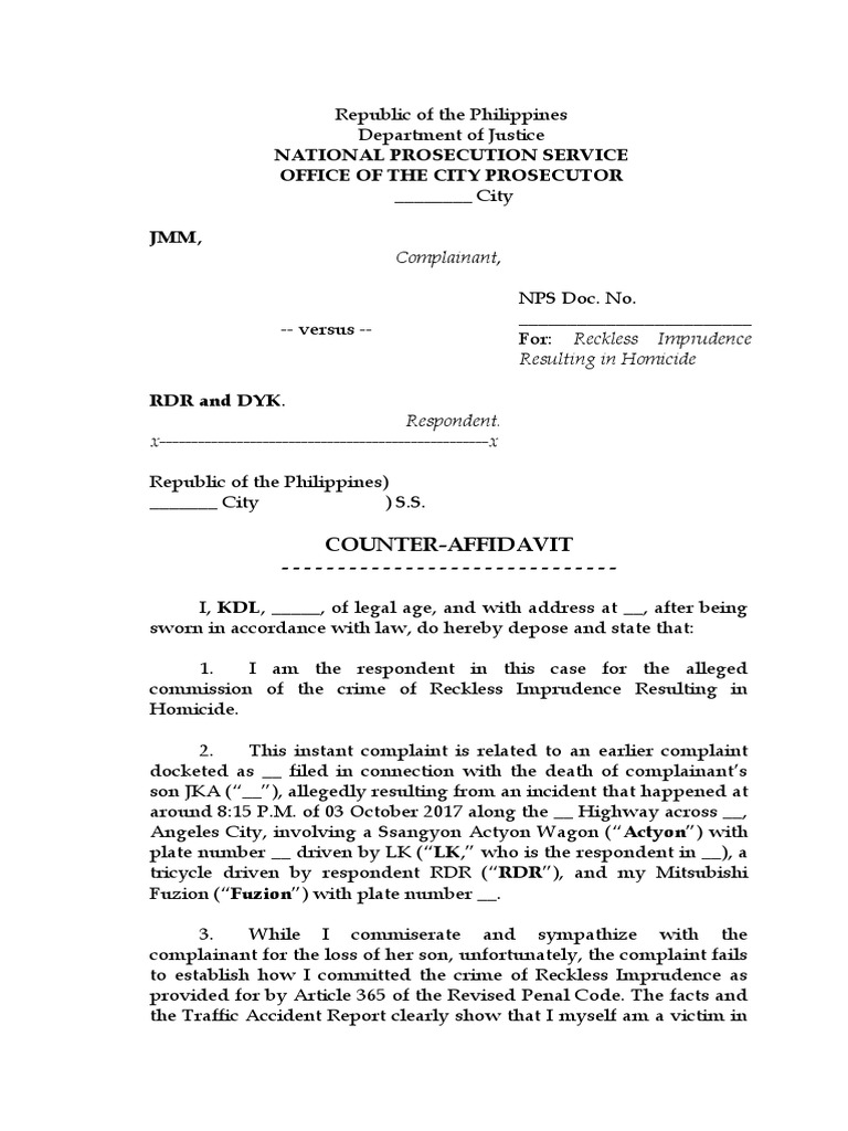 Counter Affidavit - Reckless Imprudence Resulting in Homicide | PDF ...