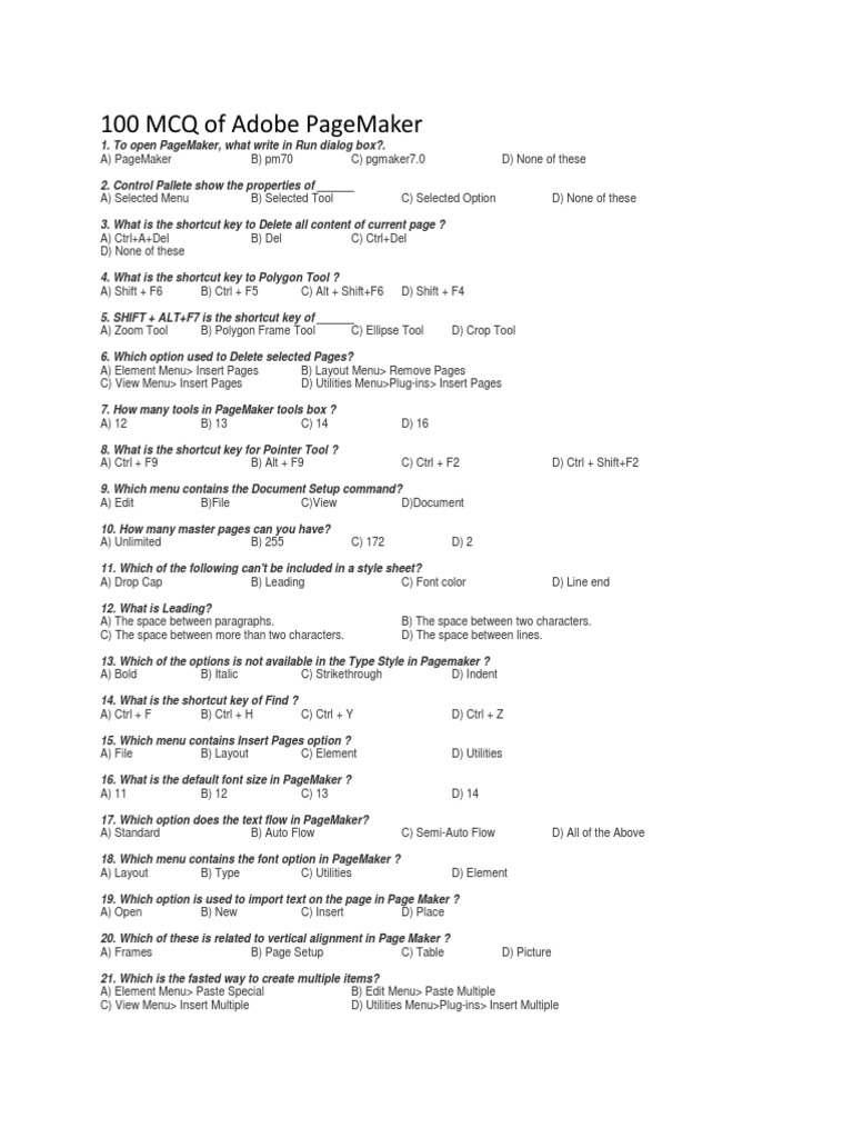 100 MCQ of Adobe PageMaker | Download Free PDF | Adobe Photoshop ...