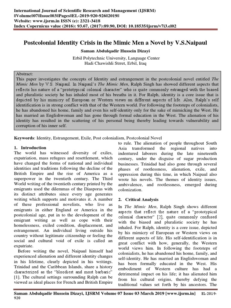 Postcolonial Identity Crisis in The Mimic Men A No | Download Free PDF ...