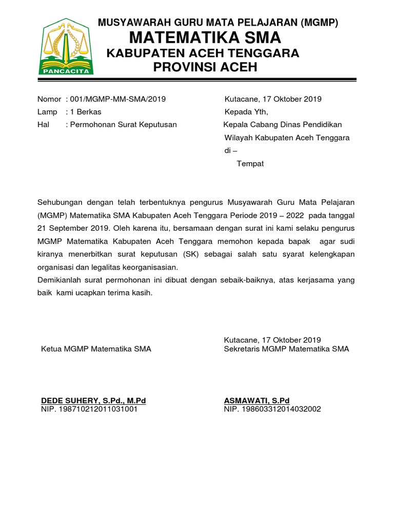 Surat Permohonan SK Pengurus MGMP Kab - Agara | PDF