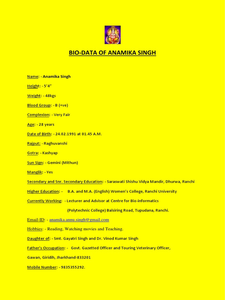 Bio Data - Anamika Singh | PDF
