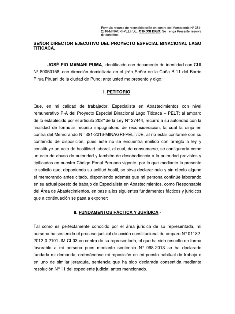 Recurso de Reconsideración Administrativa | PDF | Salario | Derecho laboral