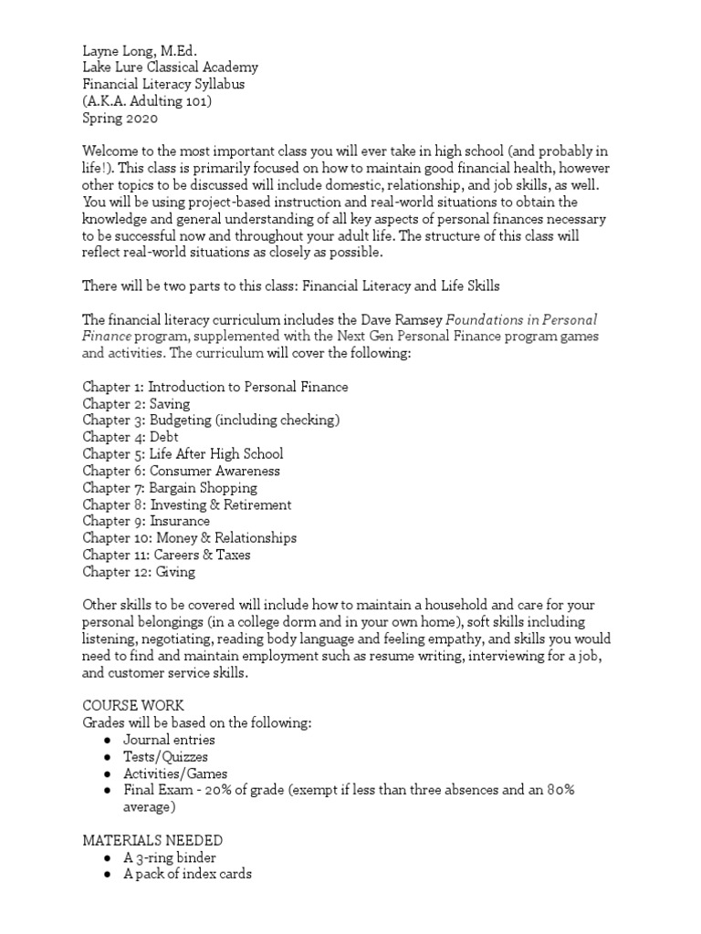 Financial Literacy Syllabus Pdf Personal Finance Financial Literacy