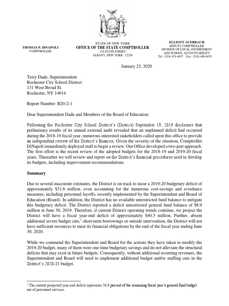 Comptroller's Office Letter To RCSD 1-23-20 | PDF | Fund Accounting ...