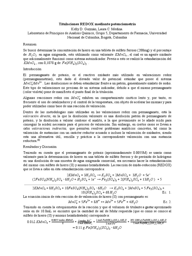 Informe 9. LPAQ - Titulaciones REDOX Mediante Potenciometría. Hierro en ...