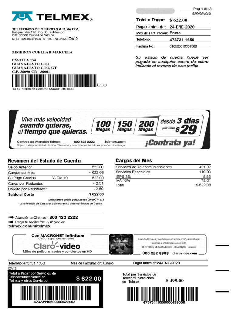 Recibo Telmex Residencial | PDF