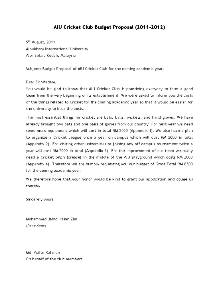 AIU Cricket Club Budget Proposal 2011-12 | PDF | Cricket | Test Cricket