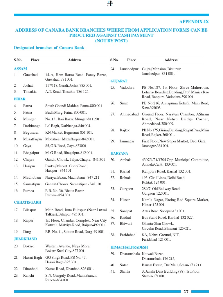 Canara Bank Branches for Forms | PDF