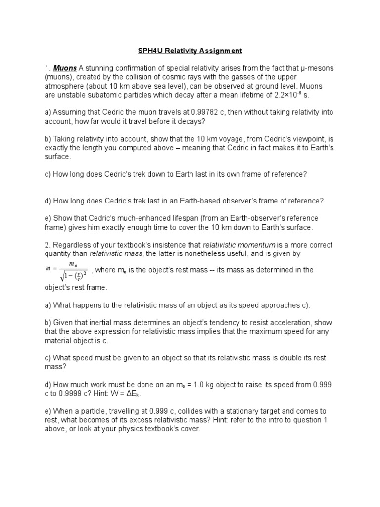 SPH4U Relativity Assignment | PDF | Special Relativity | Mass
