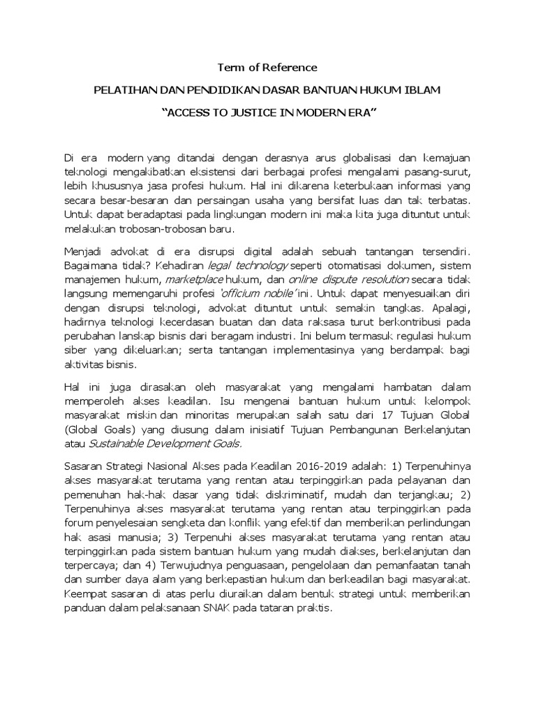 TOR Pelatihan & Pendidikan Dasar Bantuan Hukum-Akses Keadilan Di Era Modern | PDF