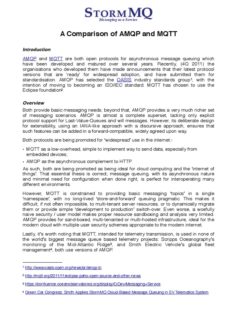 StormMQ WhitePaper - A Comparison of AMQP and MQTT | PDF | Transport ...