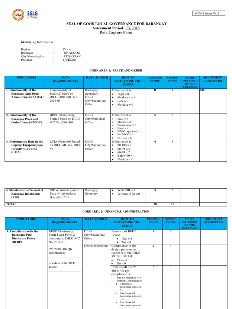 SGLGB Assessment for Barangay Tinandog | PDF | Disaster Risk Reduction ...