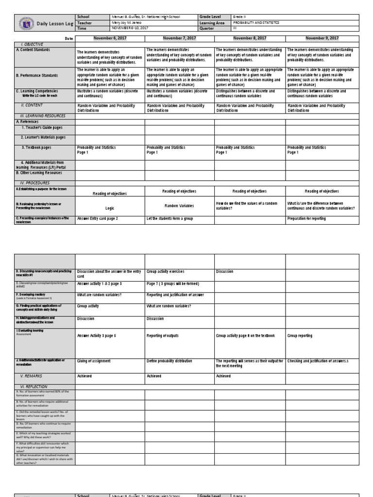 Stat and Prob Lesson Plan | PDF | Normal Distribution | Probability ...